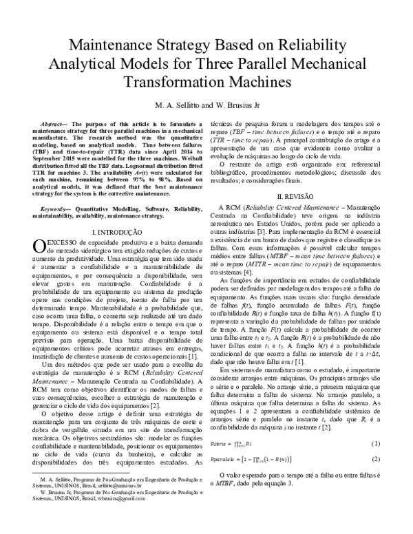 (PDF) Maintenance strategy based on reliability analytical models for ...