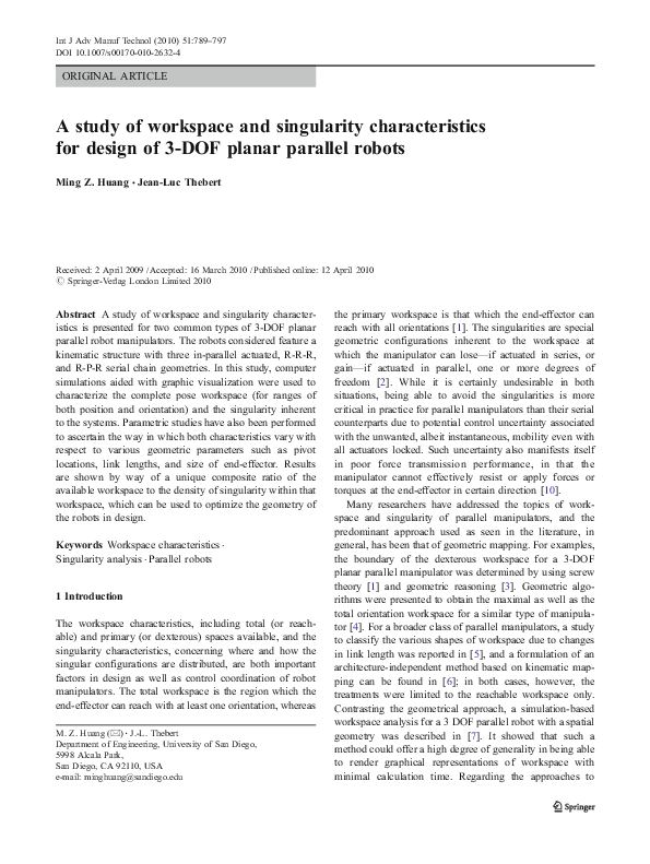 (PDF) A study of workspace and singularity characteristics for design of 3-DOF planar parallel ...