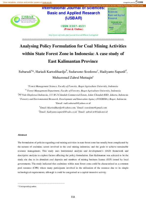 (PDF) Analysing Policy Formulation for Coal Mining Activities within State Forest Zone in ...