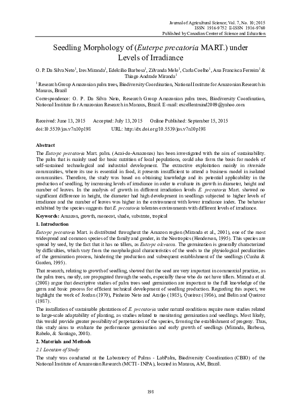 (PDF) Seedling Morphology of (Euterpe precatoria MART.) under Levels of ...