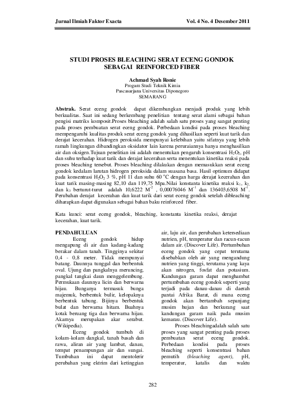 (PDF) Studi Proses Bleaching Serat Eceng Gondok Sebagai Reinforced Fiber