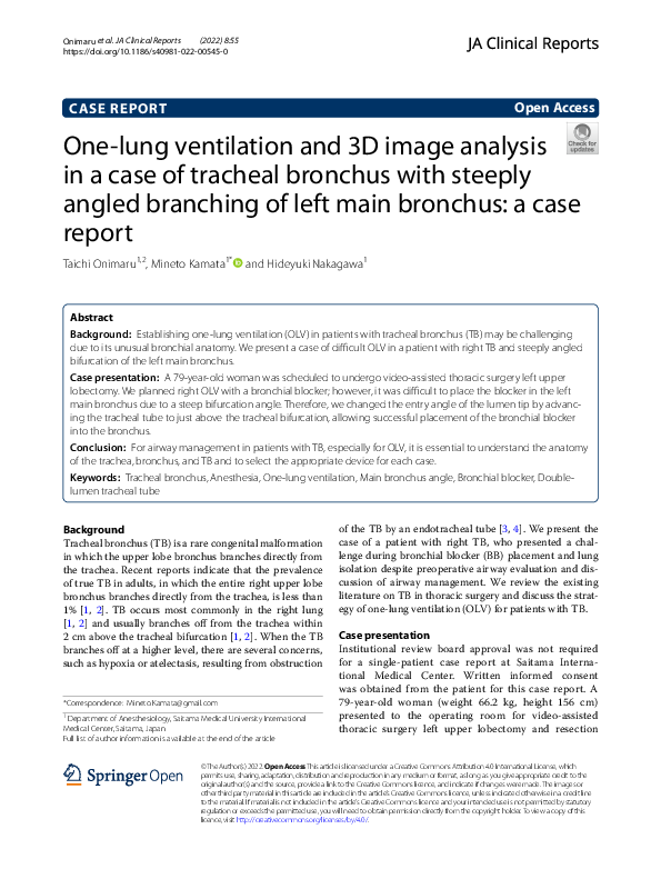 (PDF) One-lung ventilation and 3D image analysis in a case of tracheal ...