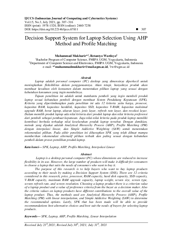 Pdf Decision Support System For Laptop Selection Using Ahp Method And