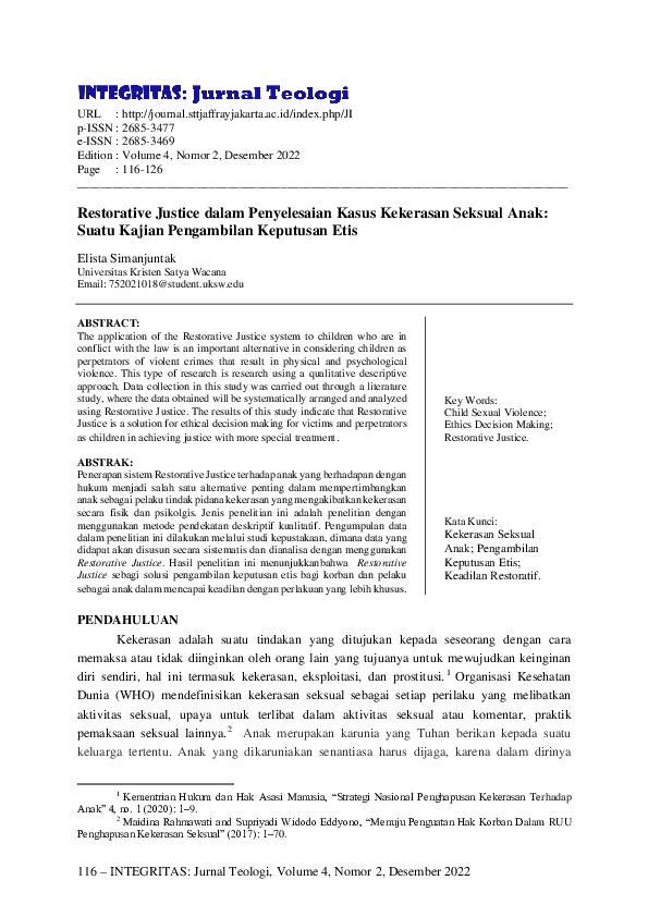 (PDF) Restorative Justice dalam Penyelesaian Kasus Kekerasan Seksual Anak: Suatu Kajian ...