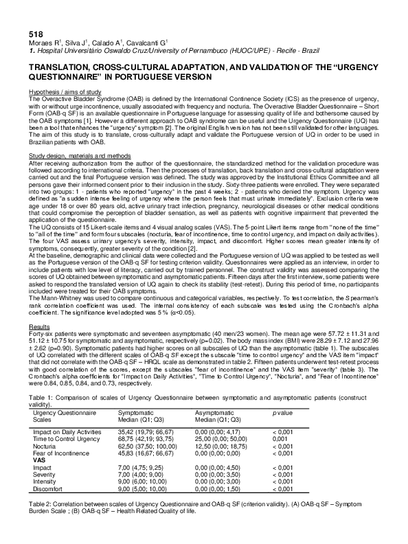 Pdf Translation Cross Cultural Adaptation And Validation Of The “urgency Questionnaire” In