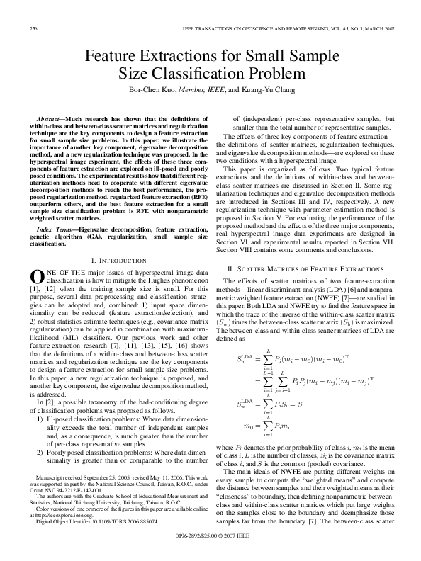 Pdf Feature Extractions For Small Sample Size Classification Problem