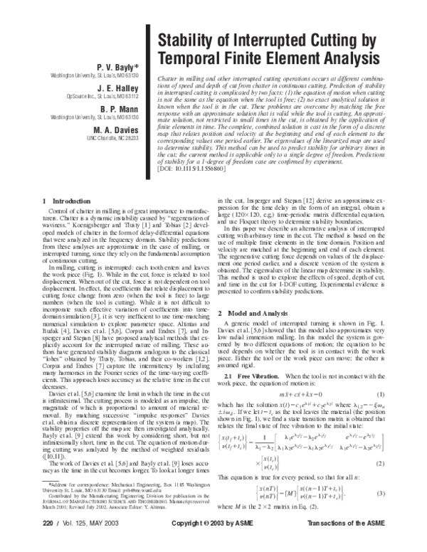(PDF) Stability of Interrupted Cutting by Temporal Finite Element Analysis