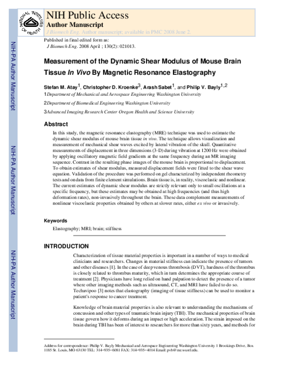 (PDF) Dynamic Shear Modulus of Mouse Brain Tissue
