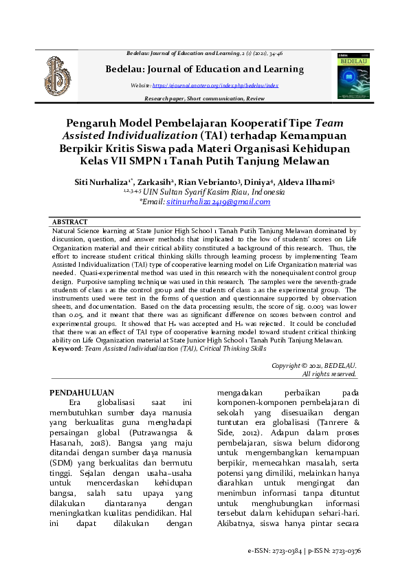 (PDF) Pengaruh Model Pembelajaran Kooperatif Tipe Team Assisted Individualization (TAI) terhadap ...
