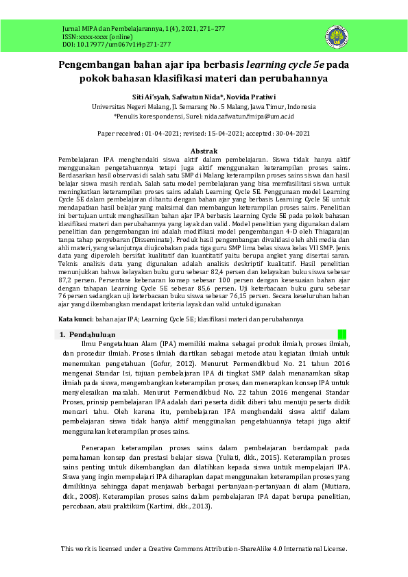 (PDF) Pengembangan bahan ajar ipa berbasis learning cycle 5e pada pokok bahasan klasifikasi ...