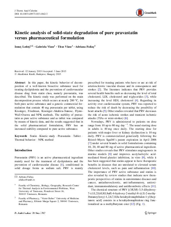 (PDF) Kinetic analysis of solid-state degradation of pure pravastatin versus pharmaceutical ...