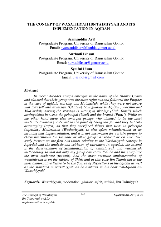 (PDF) The Concept of Wasathiyah Ibn Taimiyyah and Its Implementation in ...