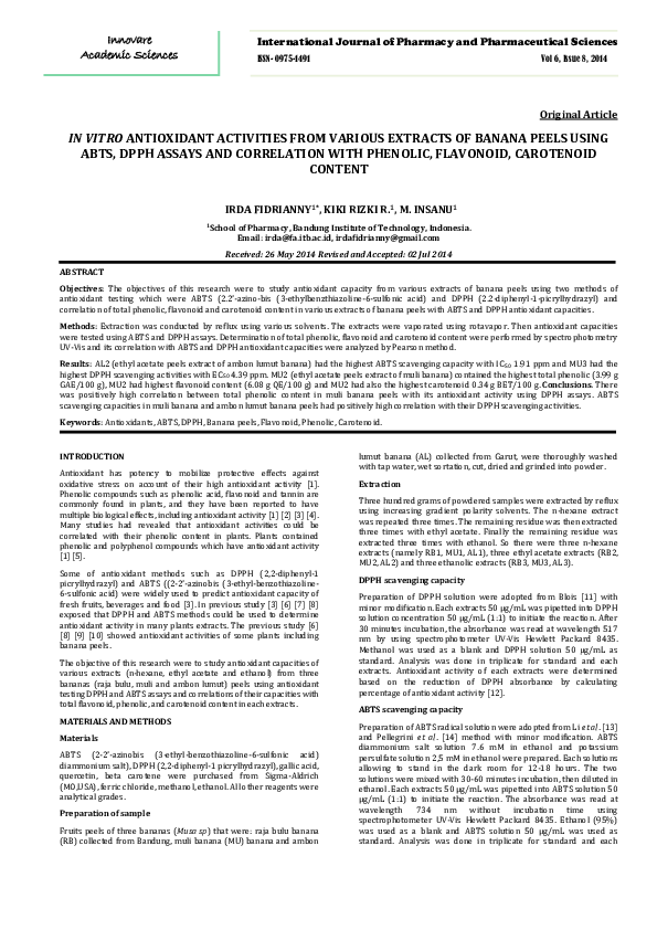 (PDF) In Vitro Antioxidant Activities from Various Extracts of Banana Peels Using Abts, DPPH ...