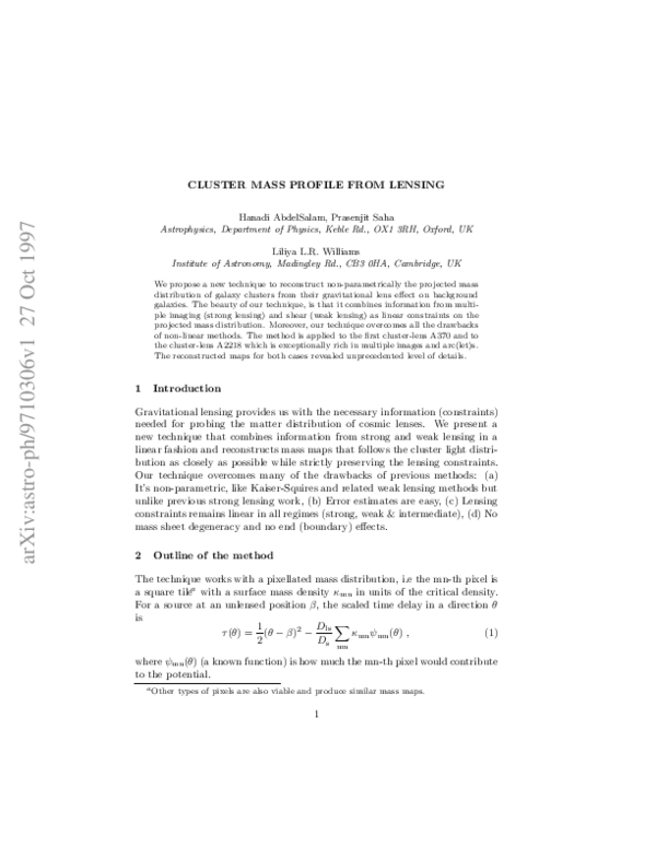 (PDF) Cluster Mass Profile from Lensing