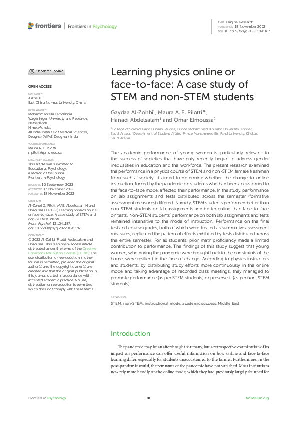 (PDF) Learning physics online or face-to-face: A case study of STEM and ...