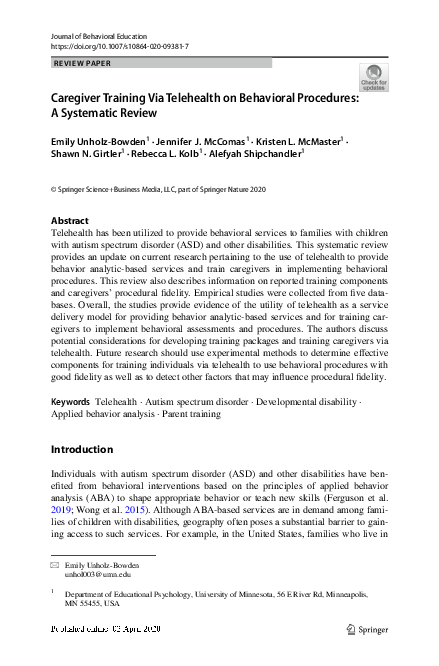 (PDF) Caregiver Training Via Telehealth on Behavioral Procedures: A Systematic Review