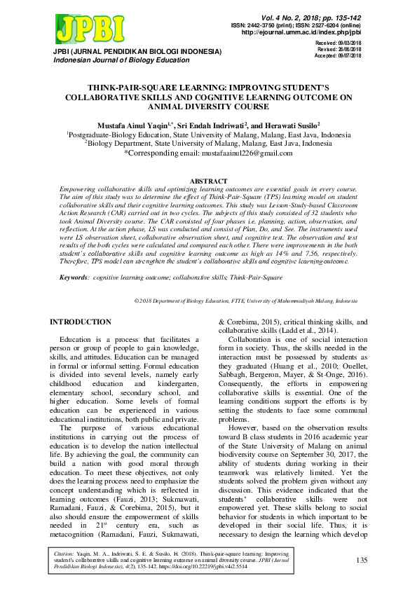 (PDF) Think-pair-square learning: Improving student’s collaborative ...