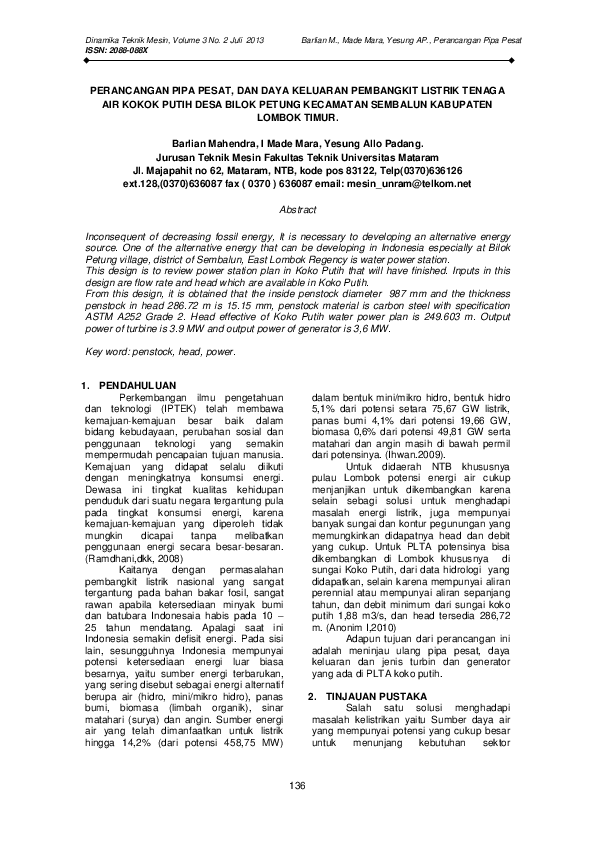 (PDF) Perancangan Pipa Pesat, Dan Daya Keluaran Pembangkit Listrik Tenaga Air Kokok Putih Desa ...