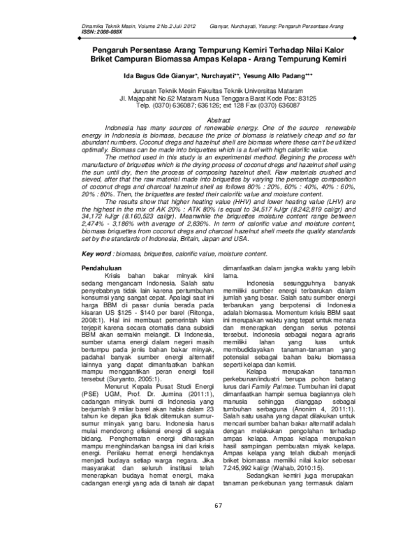 (PDF) Pengaruh Persentase Arang Tempurung Kemiri Terhadap Nilai Kalor Briket Campuran Biomassa ...