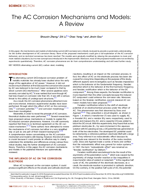 (PDF) The AC Corrosion Mechanisms and Models: A Review