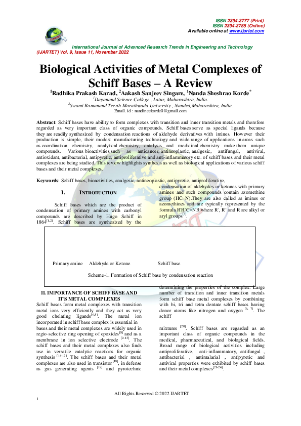 (PDF) Biological Activities of Metal Complexes of Schiff Bases -A Review