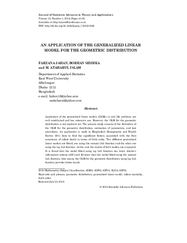 Pdf An Application Of The Generalized Linear Model For The Geometric Distribution