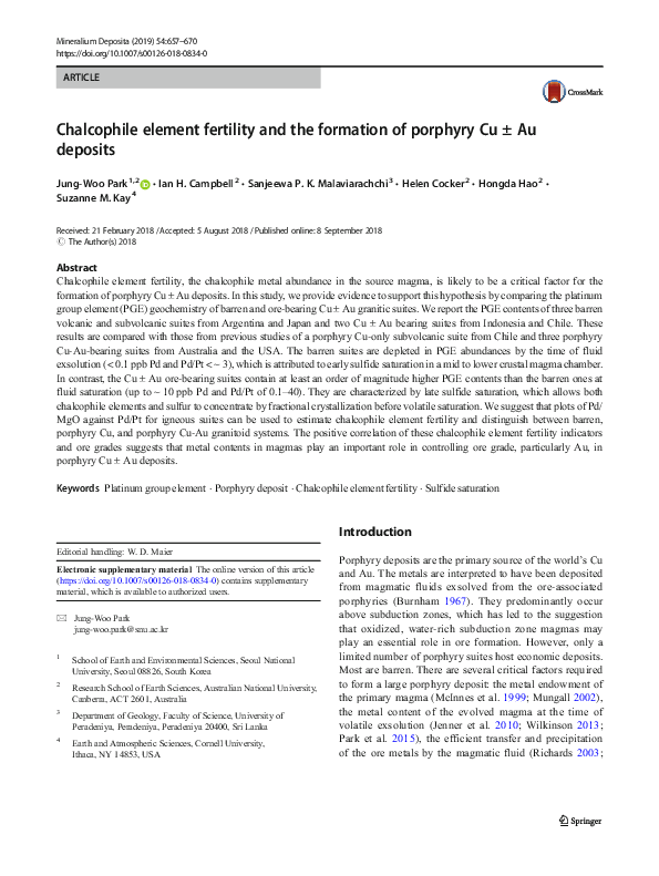 (PDF) Chalcophile element fertility and the formation of porphyry Cu ± ...