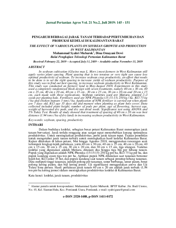 (PDF) Pengaruh Berbagai Jarak Tanam Terhadap Pertumbuhan Dan Produksi Kedelai DI Kalimantan Barat