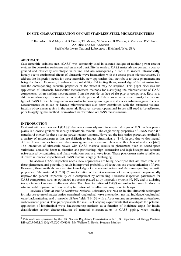(PDF) In-situ Characterization of Cast Stainless Steel Microstructures
