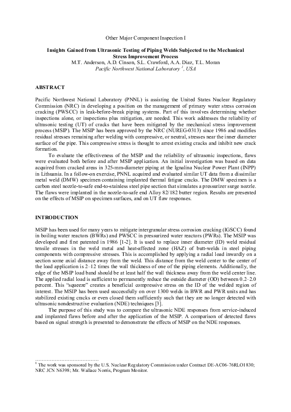 (PDF) Insights Gained from Ultrasonic Testing of Piping Welds Subjected ...