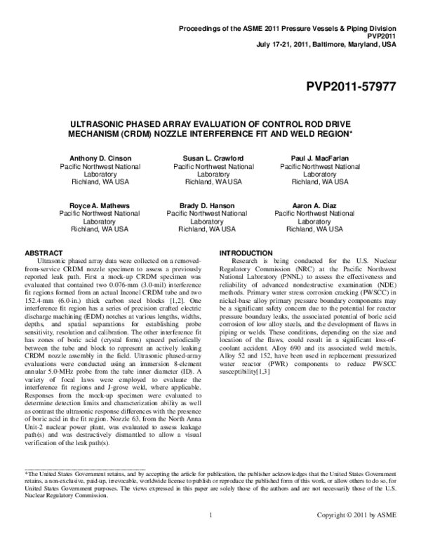 (PDF) Ultrasonic Phased Array Evaluation of Control Rod Drive Mechanism ...