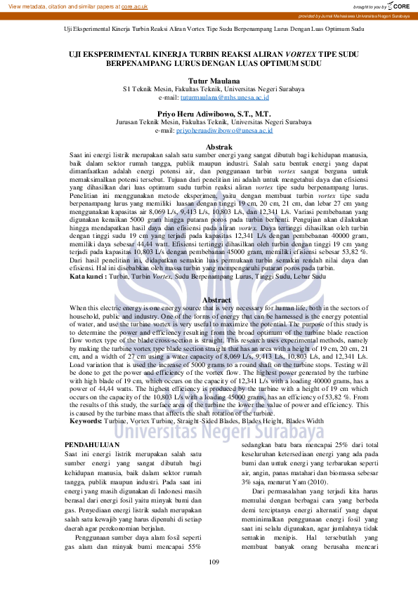 (PDF) Uji Eksperimental Kinerja Turbin Reaksi Aliran Vortex Tipe Sudu ...