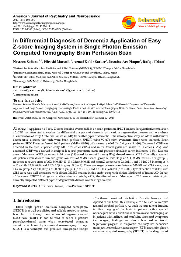 (PDF) In Differential Diagnosis of Dementia Application of Easy Z-score Imaging System in Single ...