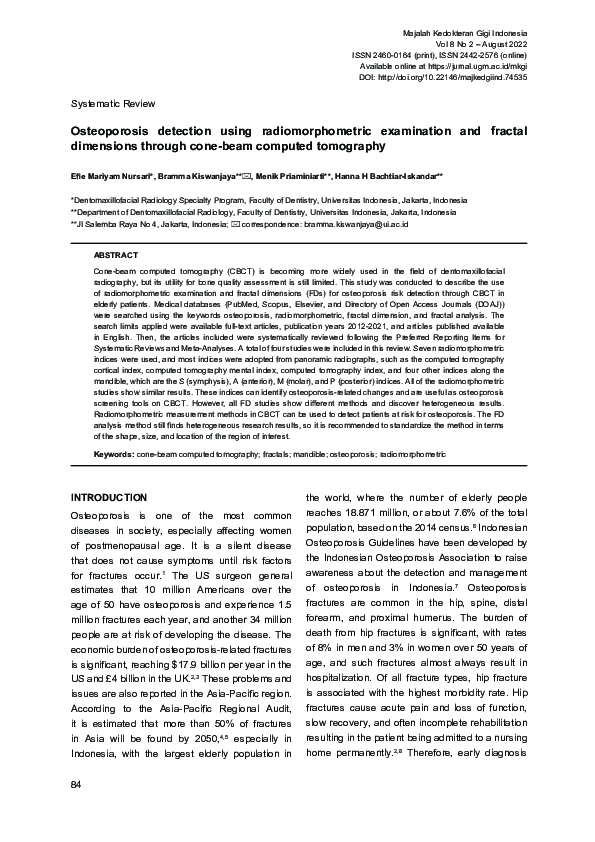 Pdf Osteoporosis Detection Using Radiomorphometric Examination And