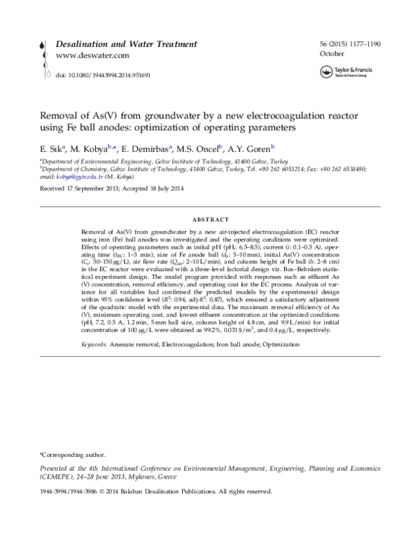 (PDF) Removal of As(V) from groundwater by a new electrocoagulation ...