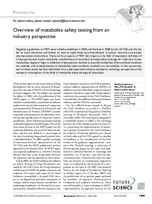 (PDF) Overview of metabolite safety testing from an industry perspective