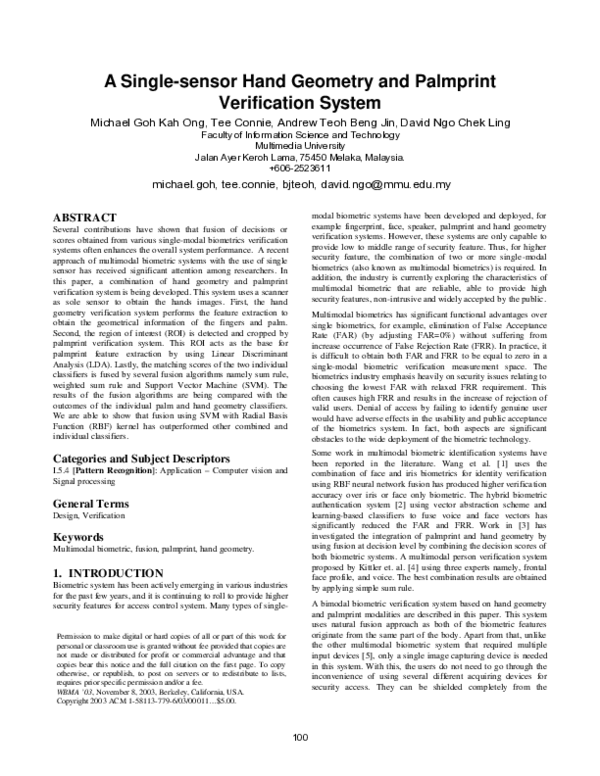 (PDF) A single-sensor hand geometry and palmprint verification system