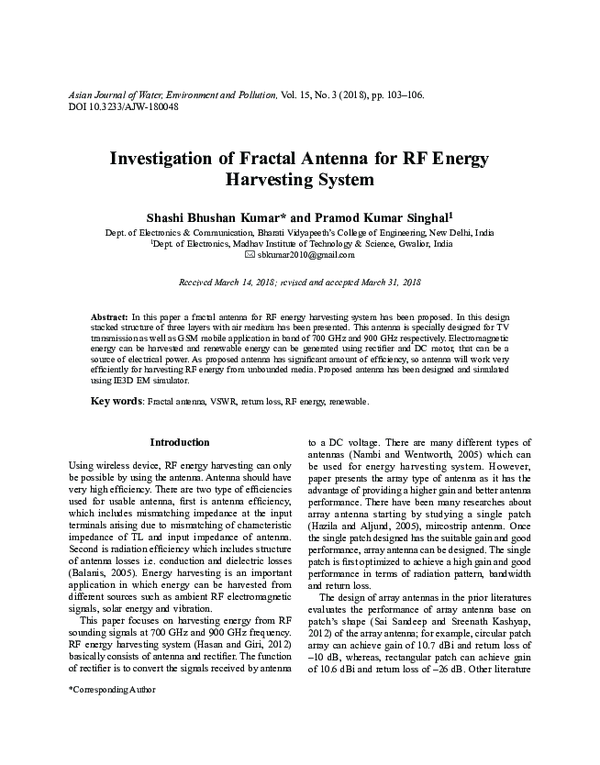 Pdf Investigation Of Fractal Antenna For Rf Energy Harvesting System