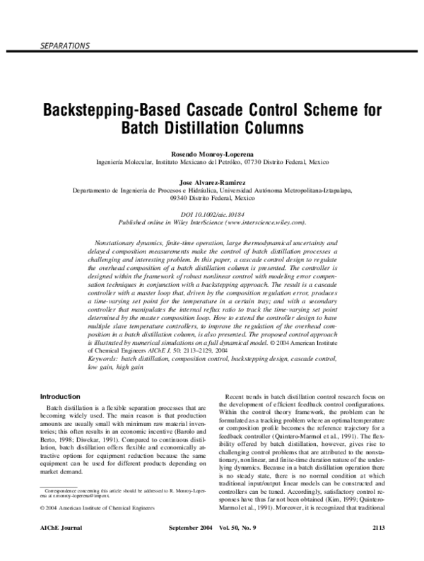 (PDF) Backstepping-based cascade control scheme for batch distillation ...