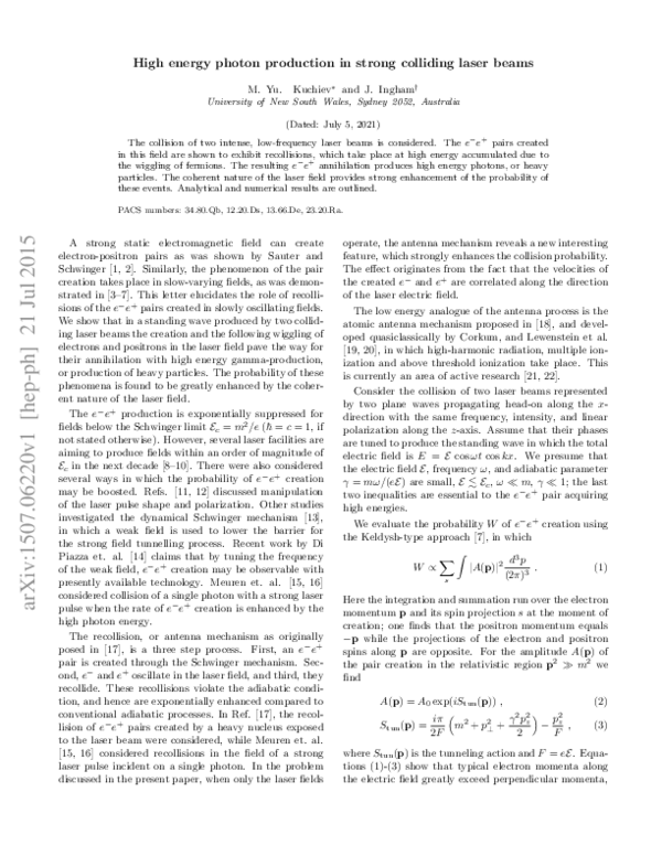 (PDF) High energy photon production in strong colliding laser beams
