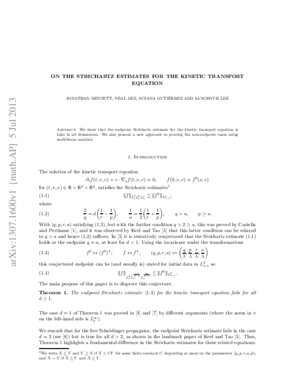 (PDF) On the Strichartz Estimates for the Kinetic Transport Equation