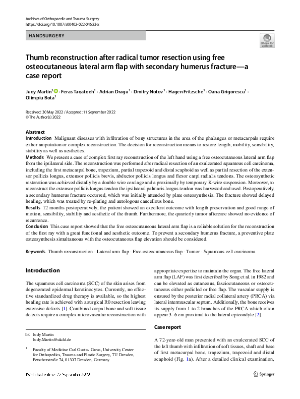 (PDF) Thumb reconstruction after radical tumor resection using free ...