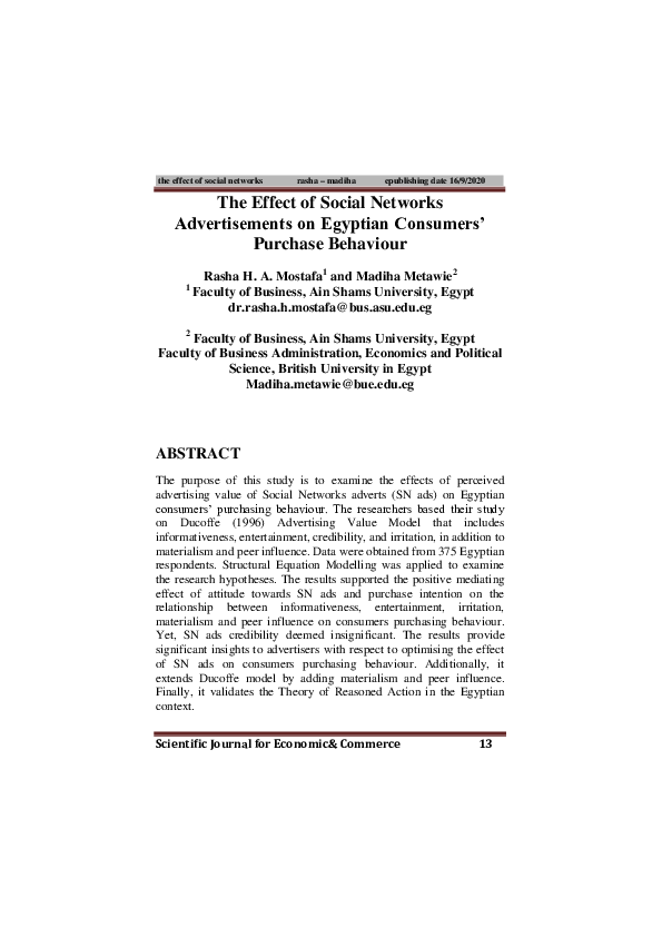 (PDF) The Effect of Social Networks Advertisements on Egyptian ...