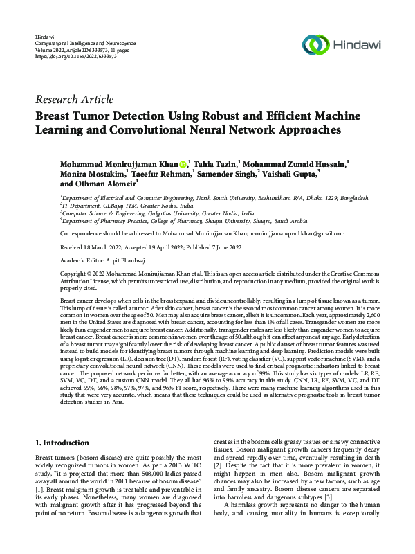 Pdf Breast Tumor Detection Using Robust And Efficient Machine Learning And Convolutional