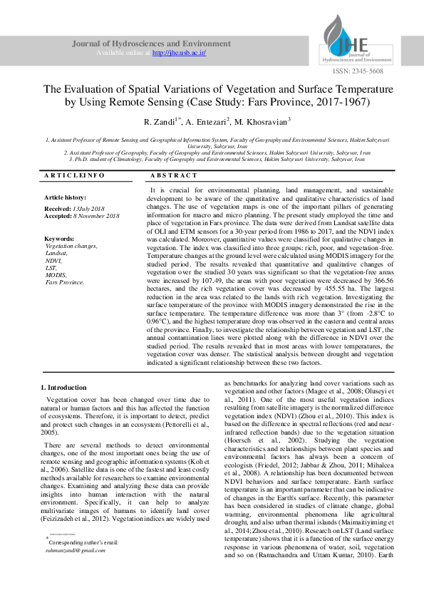 (PDF) The Evaluation of Spatial Variations of Vegetation and Surface Temperature by Using Remote ...