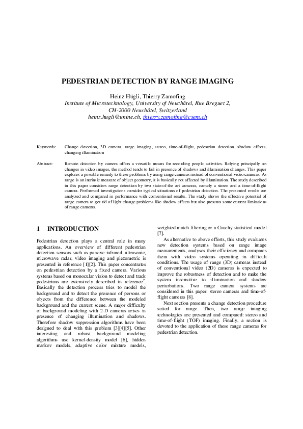 (PDF) Pedestrian Detection by Range Imaging