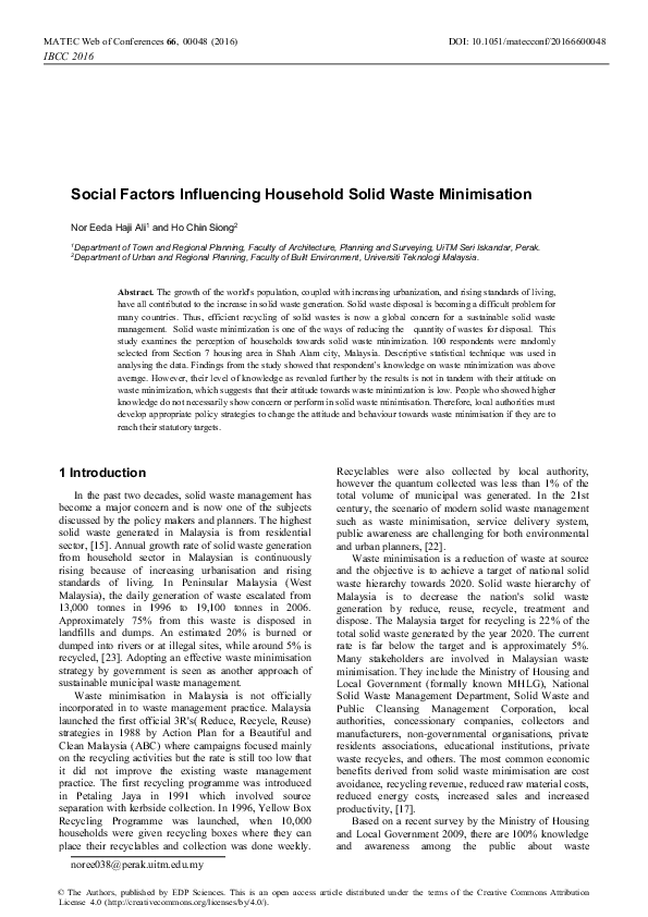 (PDF) Social Factors Influencing Household Solid Waste Minimisation