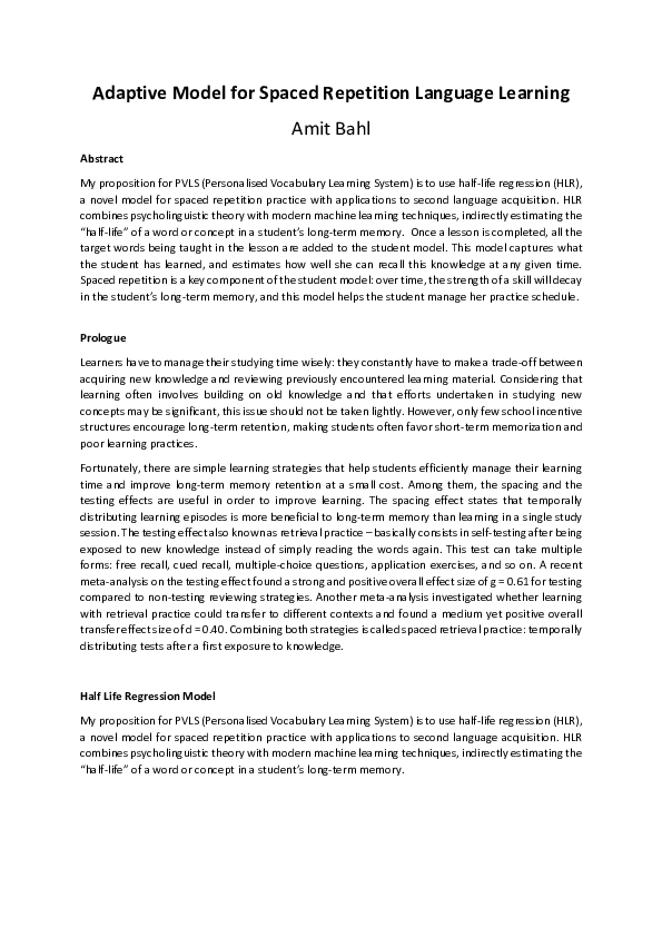 (PDF) Adaptive Model for Spaced Repetition Language Learning