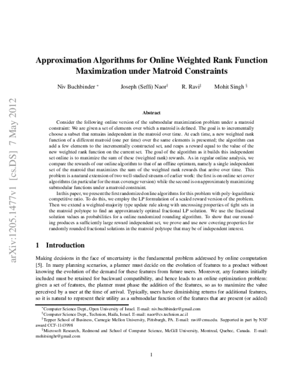 (PDF) Approximation Algorithms for Online Weighted Rank Function Maximization under Matroid ...
