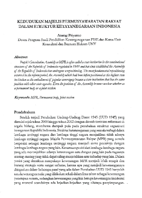 (PDF) Kedudukan majelis permusyawaratan rakyat dalam struktur ketatanegaraan Indonesia